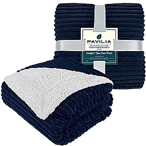 PAVILIA Sherpa Fleece Blanket Throw | Stripe, Super Soft, Plush, Luxury Flannel Throw | Thick Fluffy Ribbed Microfiber Blanket for Sofa Couch Bed (Navy Blue, 50x60 inches)