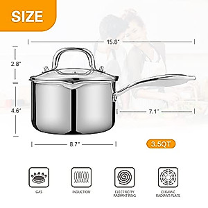 Stainless Steel Saucepan with Glass Lid, 4 Quart Multipurpose Sauce Pan, Sauce Pot - for Easy Pour with Ergonomic Handle