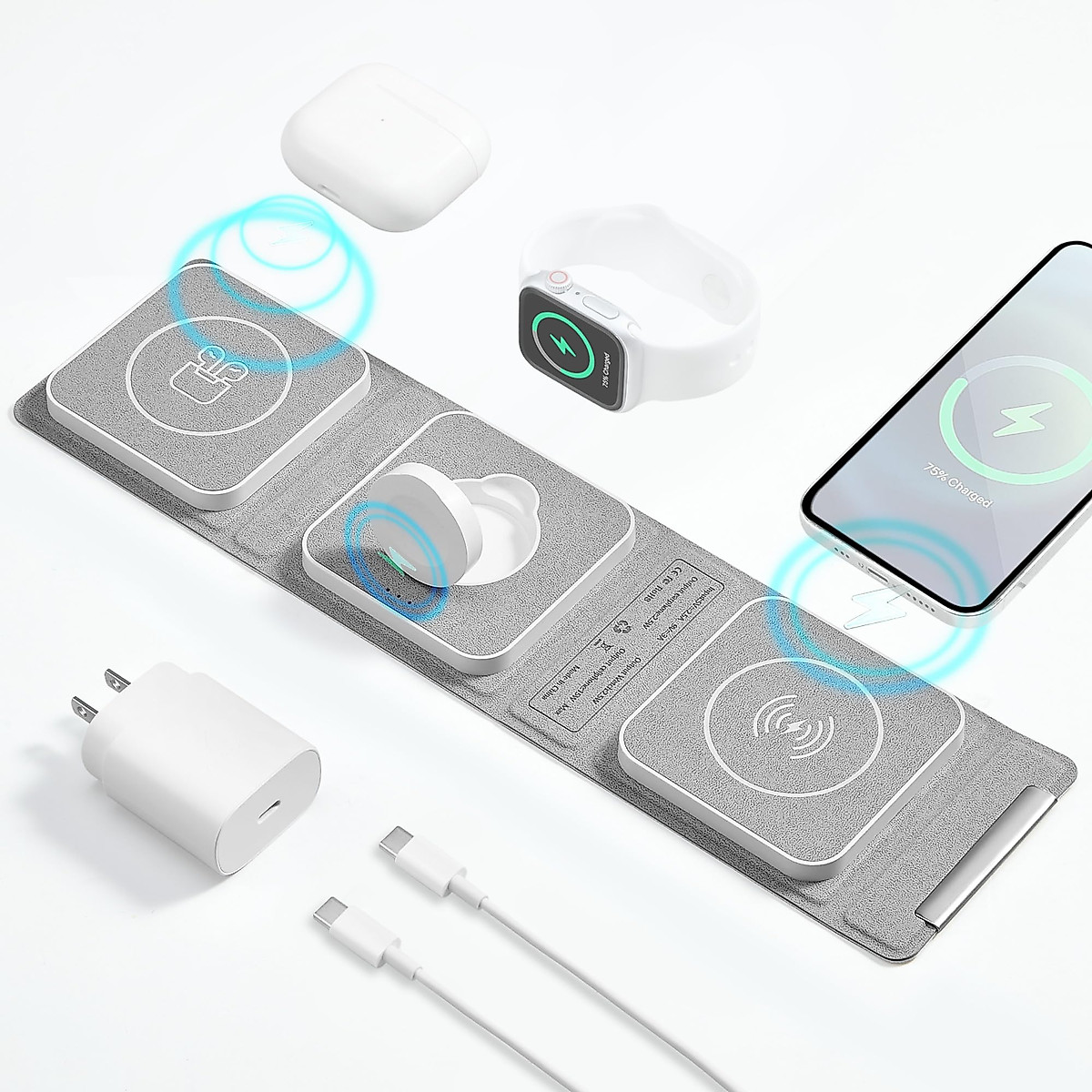20W 3 in 1 Foldable Wireless Charger, Wireless Charging Station, Charging Station for Multiple Devices, Magnetic Mag-Safe Travel Charging Pad for iPhone 15 14 13 12 Pro Max Plus iwatch Watch & Airpods