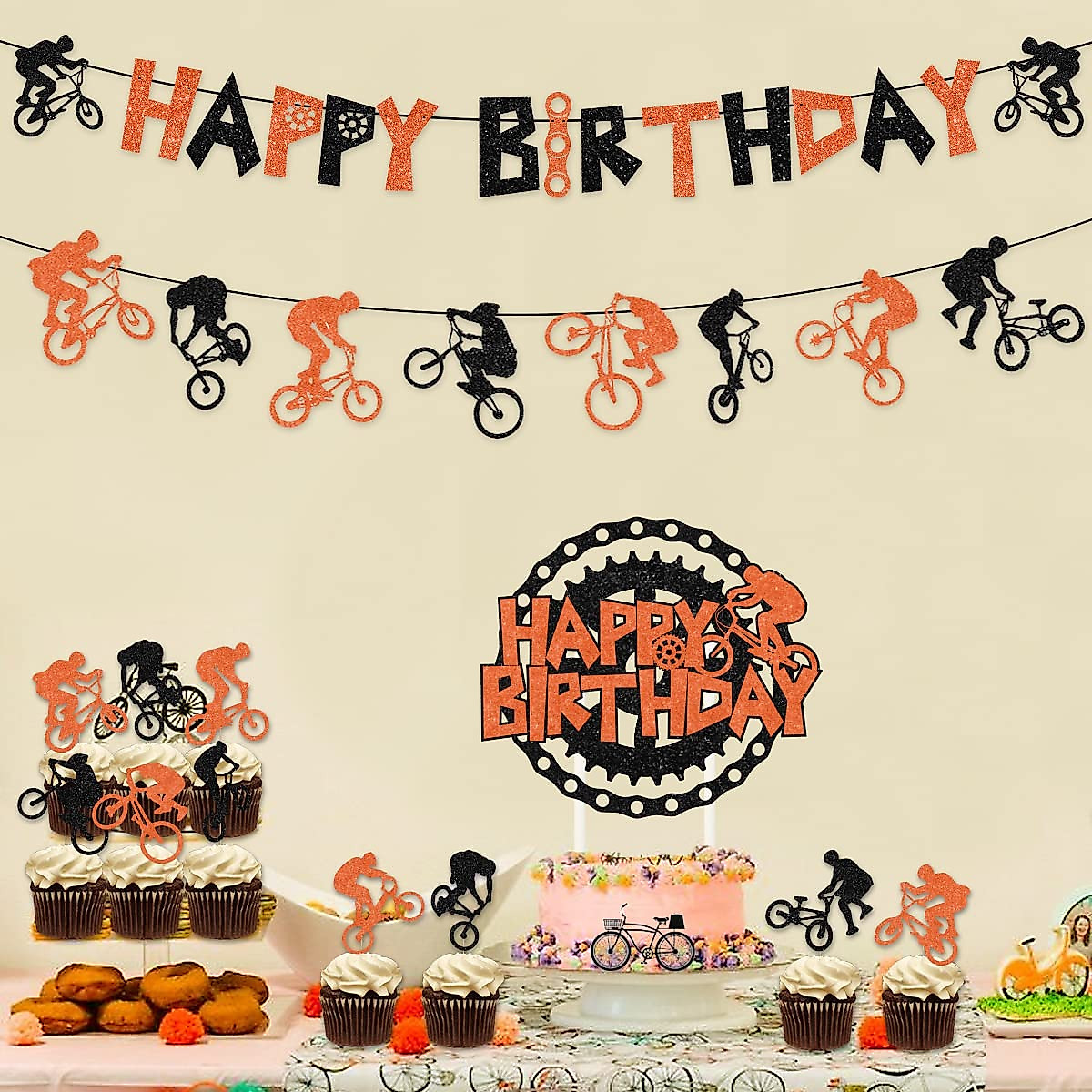 Bike Birthday Party Decorations Orange and Black Bicycle Motocross Party Decorations - BMX Happy Birthday Banner Bike Cake Topper Garland Balloons, Extreme Sports Party Supplies for Boys