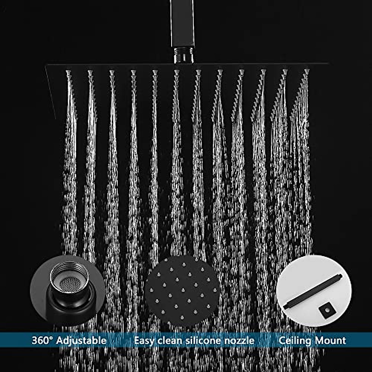 JingGang 12 Inch Ceiling Mount Matte Black Shower System Bathroom Luxury Rain Mixer Shower Combo Set Ceiling Rainfall Shower Head System (Contain Shower Faucet Rough-in Valve Body and Trim)
