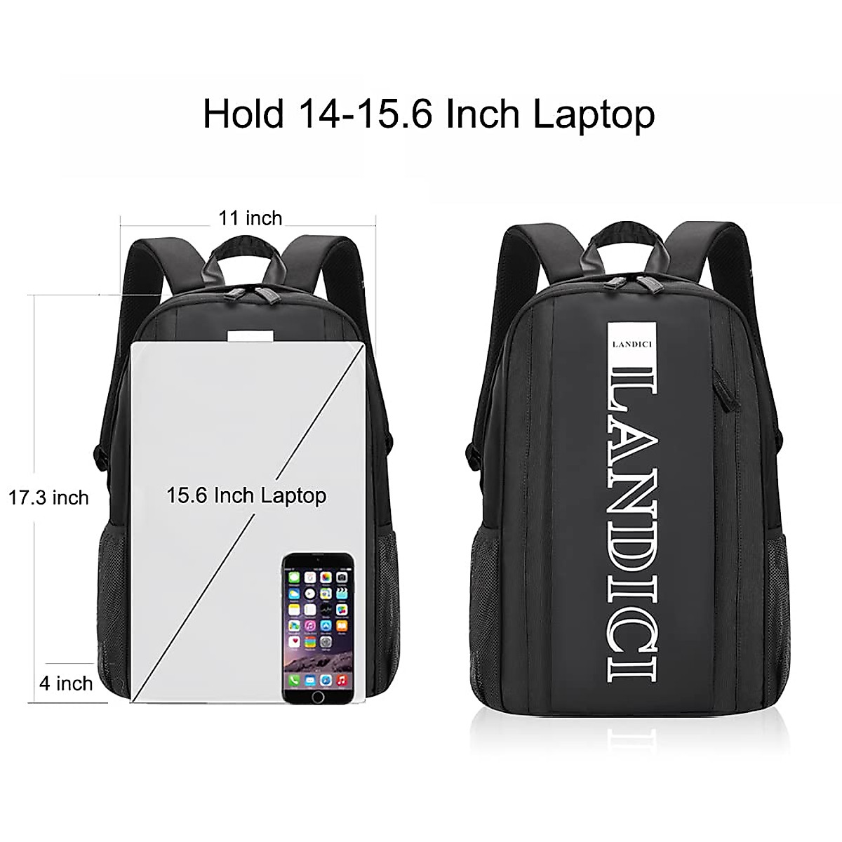 LANDICI Casual Daypack Backpack for Men Women,Lightweight Coummter Back Pack with 15.6 Inch Laptop Compartment,Waterproof School Bookbag for College Work and Travel,Black