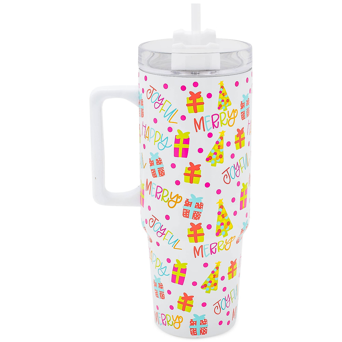 Mary Square Joyful Merry Happy Colorful 32 ounce Stainless Steel Christmas Travel Tumbler with Straw and Handle