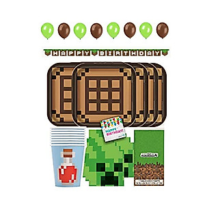 50% OFF! Minecraft Birthday Party Supplies Complete for 16 kids, Big Plates, Napkins, Tablecover, 9oz Cups, Hanger Banner, Balloons - Minecraft Party Birthday Decoration, Minecraft Party Supplies