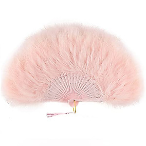 BABEYOND Marabou Feather Fan 20s Vintage Folding Fan Flapper Hand Fan for Costume Dancing Show Tea Party Wedding Decoration (Pink-Pink Rib)