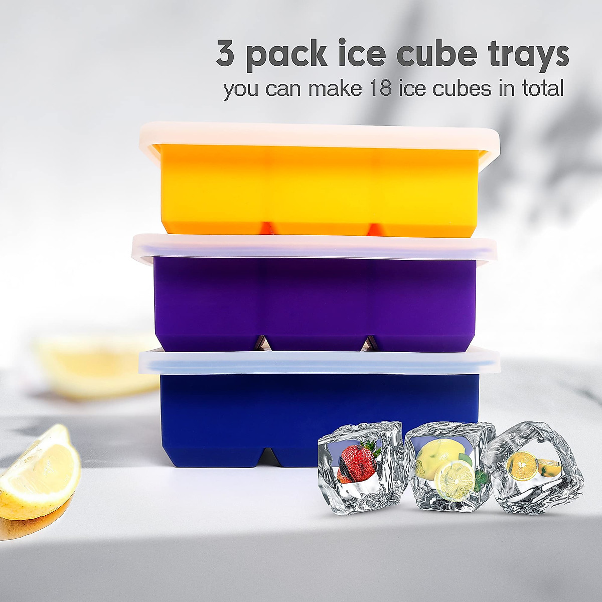 Excnorm Silicone Ice Cube Trays 3 Pack - Large Size Silicone Ice Cube Molds with Leak Proof Removable Lid Square Ice Cube Tray And BPA Free for Cocktail,Whiskey, Stackable Flexible Ice