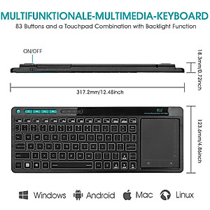 Rii K18 Plus Wireless 3-LED Color Backlit Multimedia Keyboard with Multi-Touch Big Size Trackpad,Rechargable Keyboard for Android TV Box,PC,Smart TV,Xbox,Raspberry Pi, HTPC IPTV,Windows, MacOS (2.4G)