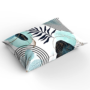 Duvet Cover Set of 4 Queen Size Abstract Mid Century Comforter Sets, Modern Geometric Plants Teal Bedding Set with Zipper Closure and 2 Pillow Cases, Soft Bed Covers Bedroom Decor for All Season