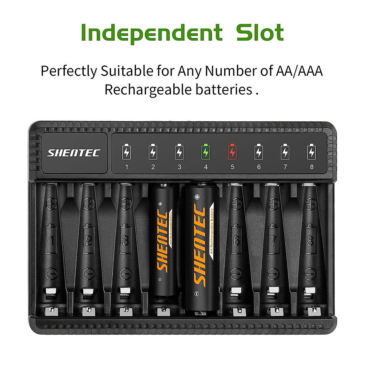 Shentec 4 Packs 2500mAh Rechargeable AA Batteries and 4 Packs 1000mAh Rechargeable AAA Batteries with Smart 8 BayAAA AA Battery Charger (USB Fast Charging, Independent Slot)
