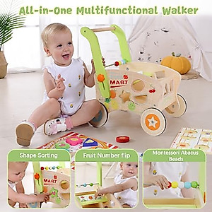Wooden Baby Walker, Baby Push Walker for 1-3, Toddler Shopping Cart for Girl and Boy Shape Sorting Grocery Cart Push & Pull Toy Adjustable Height Kids Learning Walker Montessori Toys