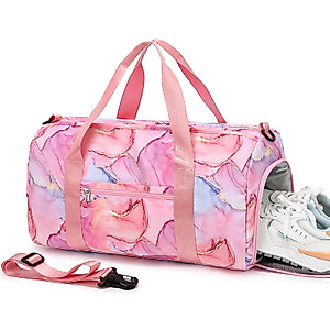 Weekender Duffel Sport Gym Bag Women Girls Travel duffle Bags with Shoe Compartment Wet Pocket (Marble Pink)