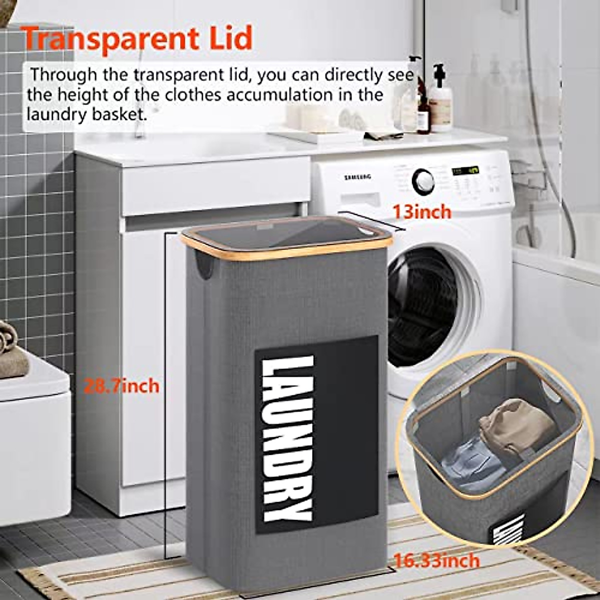 Upgraded Large Laundry Basket with Lid, 100L Tall Hamper Bamboo Handles [Support Reinforcement] Collapsible Dirty Clothes Front Pocket & Inner Bag for Bedroom, Bathroom, Gray, XL