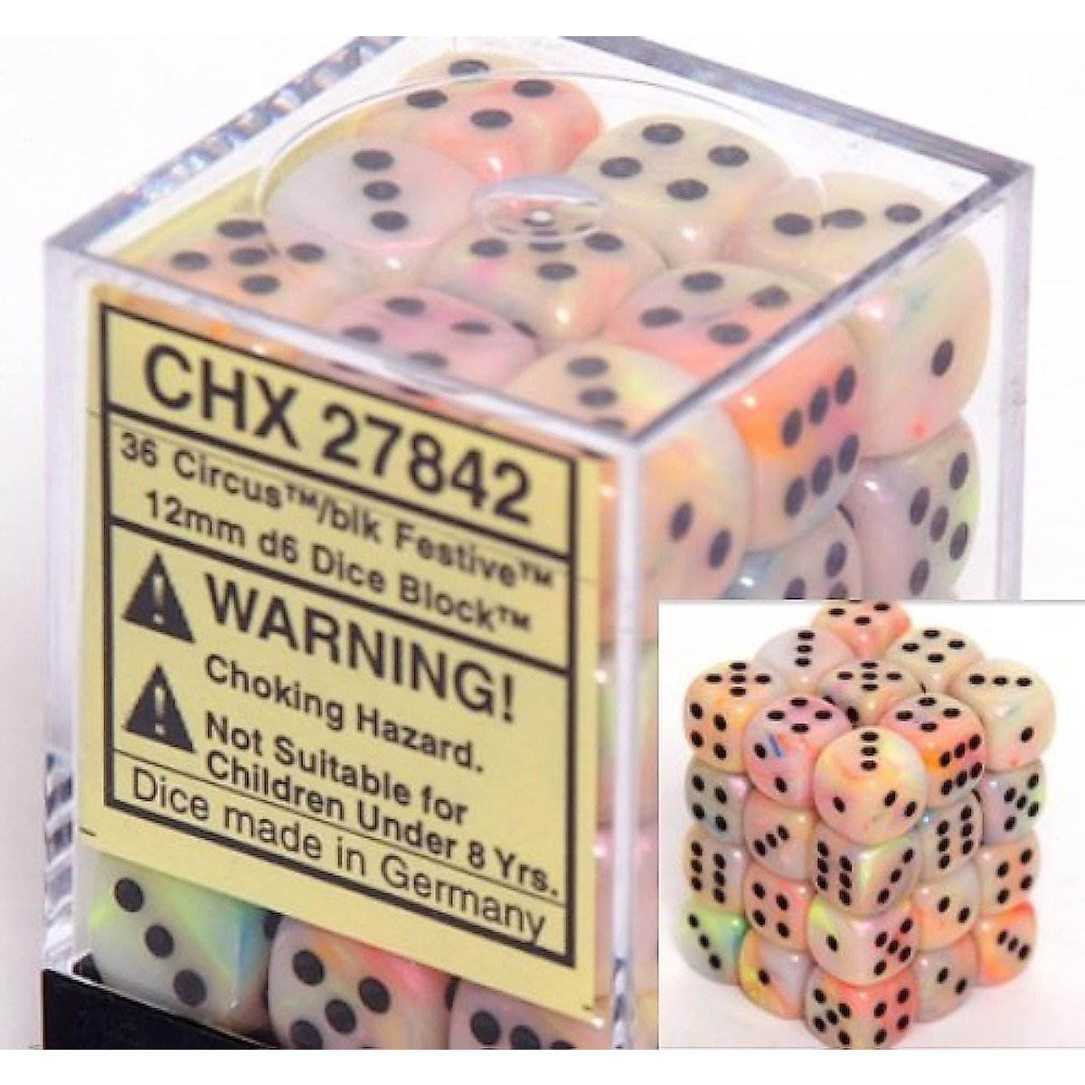 Chessex Dice d6 Sets: Festive Circus with Black - 12mm Six Sided Die (36) Block of Dice
