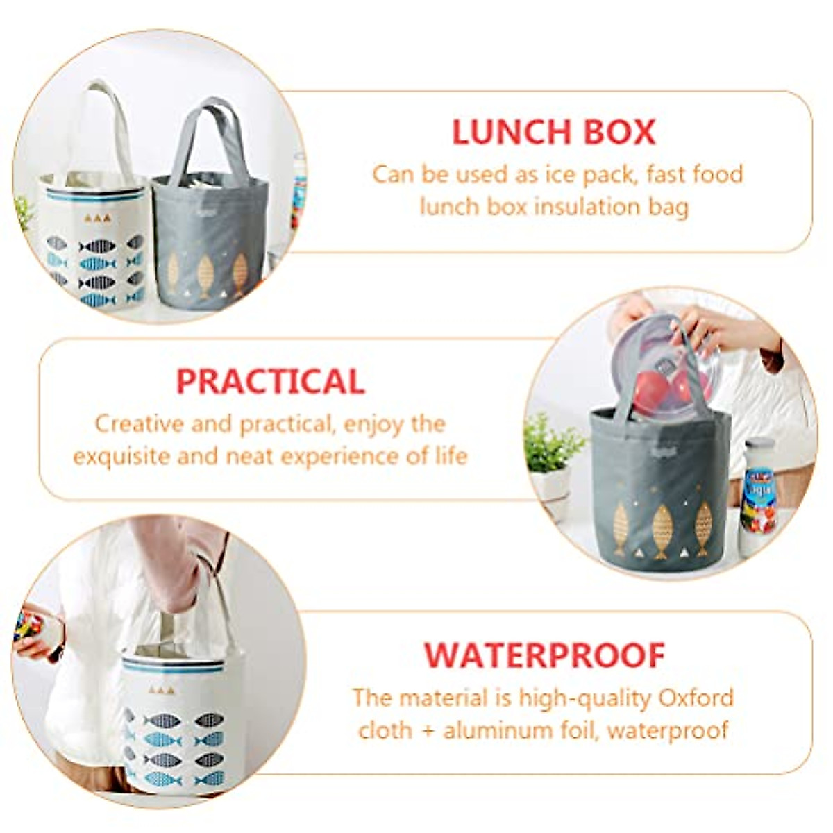 Cabilock 2pcs Lunch Tote Bag Oxford Portable Bento Bags Round Travel Insulated Lunch Cooler Bag Aluminum Foil Lunchbox Container for Picnic Camping School Office