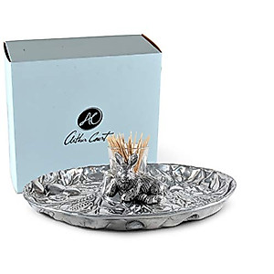 Arthur Court Aluminum Metal Rabbit Bunny Pattern Tidbit Cheese Hors d'oeuvres Tray with Glass for Toothpick - Durable Metal Silver Easter Entertaining 10.5 inch Diameter x 2.5 inch Tall