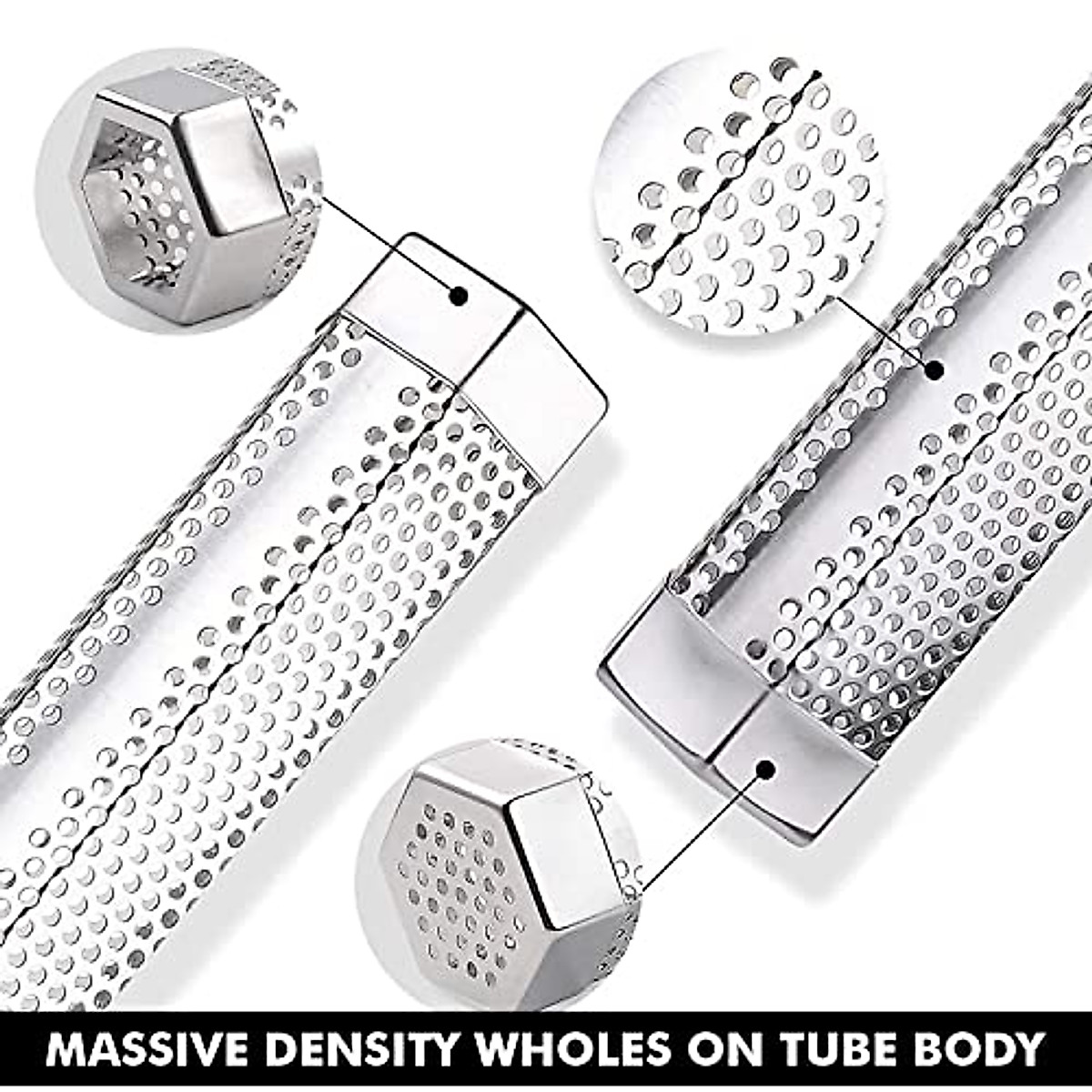 SAKIY Smoke Tube for Pellet smoker 12 inches Hexagon Portable BBQ works as a Cold/Hot Smoking fits in all sorts of grill - Stainless Steel Tube, Nonstop 5 hrs. Billowing