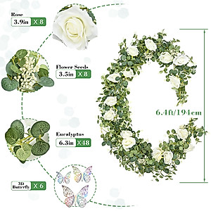 Yastouay 6.4 Ft Fuller White Flower Garland with Butterfly, Artificial Eucalyptus Garland with Flowers Fake Rose Vine Garland for Table Centerpiece Wedding Arch Baby Shower Party Room Backdrop Decor