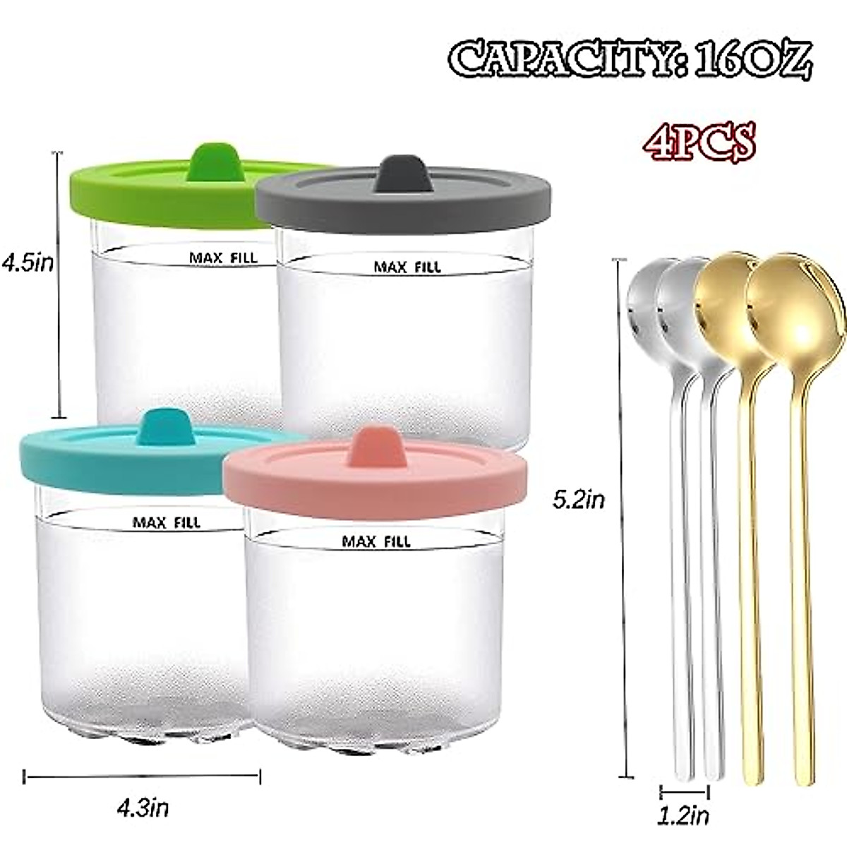 Hatende 4 Pcs Creami Pint Containers for Ninja Creami Pints and Lids - 4 Pack,16oz,Creami Deluxe Pints Compatible with Ninja Ice Cream Maker Machine NC299AMZ NC300 NC301,Dishwasher Safe,Clear
