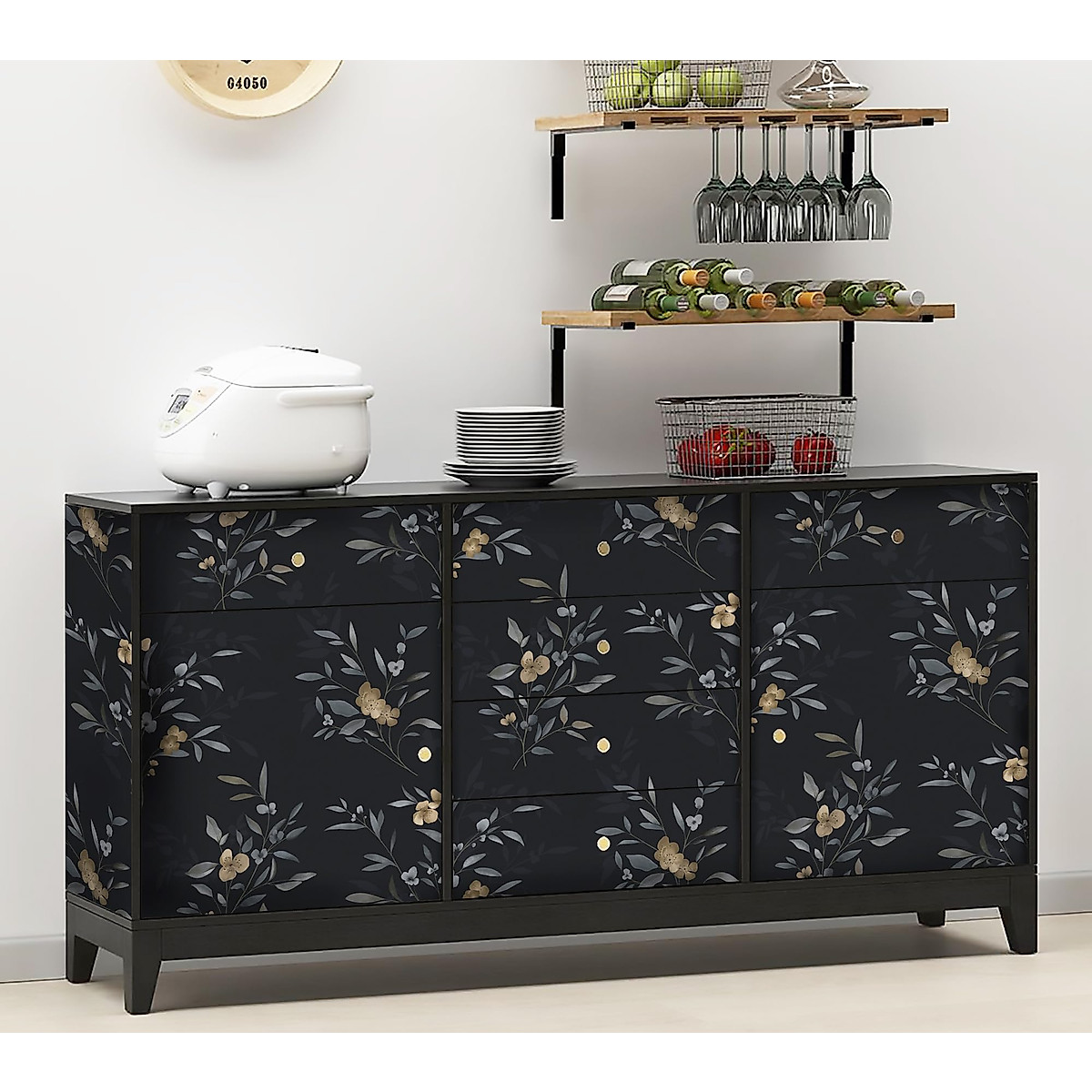 Feisoon Black and Gold Wallpaper Flower Wallpaper Floral Leaf Contact Paper Self Adhesice Wallpaper 16.14"x78.7" Waterproof Contact Paper Removable Wallpaper for Furniture Cabinet Stair Wall Decor