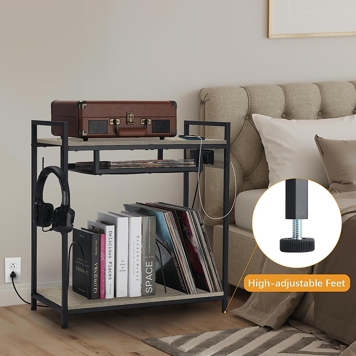 Record Player Stand Vinyl Record Stand with 2 Tier Storage and Wheels Turntable Stand with Charging Station and Album Storage End Table with Vinyl Holder Display Shelf for Living Room Grey