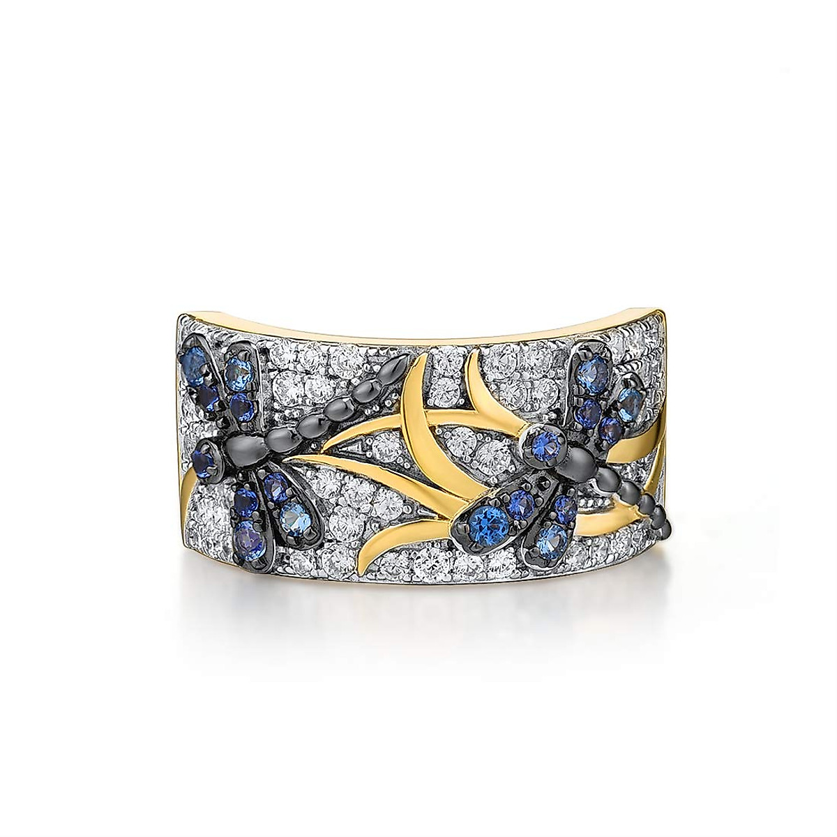 Santuzza 14K Gold Plated Dragonfly Ring Cubic Zirconia Blue Spinel 925 Sterling Silver Ring for Women (6.5)