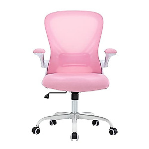 Hramk Office Chair Mid Back Swivel Desk Chair with Flip-up Arms, Breathable Mesh Computer Chair, Lumbar Support Task Chair with Wheels, Height Adjustable (Pink)