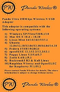 Panda Ultra 150Mbps Wireless N USB Adapter - Windows XP/Vista/7/8/8.1/10, Mac OS X 10.4-10.10, Mint, Ubuntu, Fedora, openSUSE, BackTrack5 R3, Kali Linux and Raspberry Pi 1/Pi 2