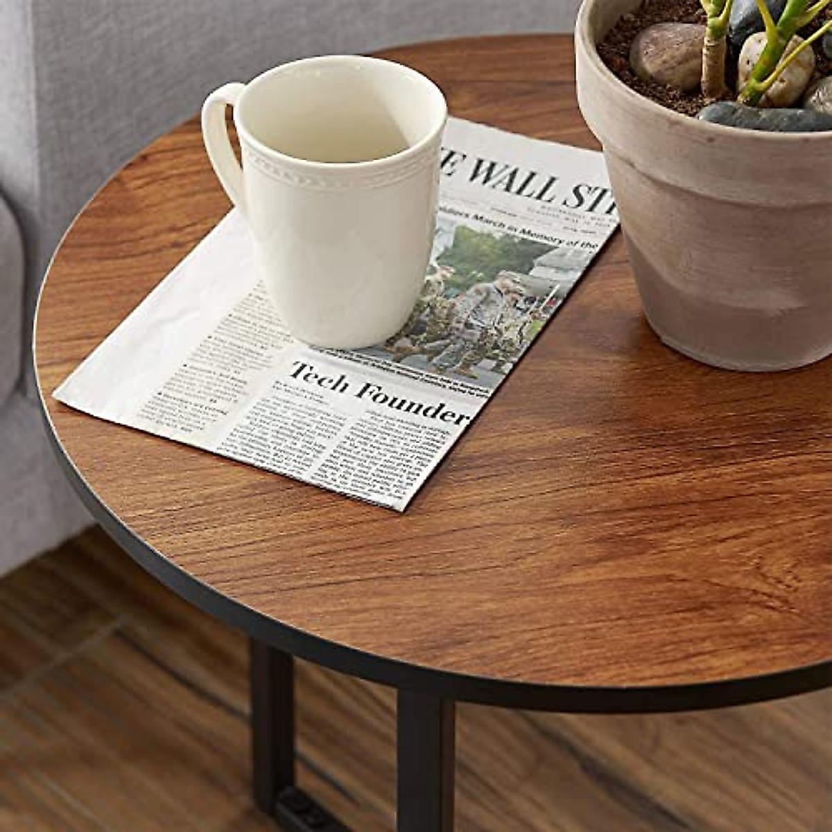 VECELO Round Coffee End Side Table for Living Room/Bedroom/Couch/Kitchen, Sturdy Nightstand Home Furniture with Metal Frame,Easy Assembly, Brown