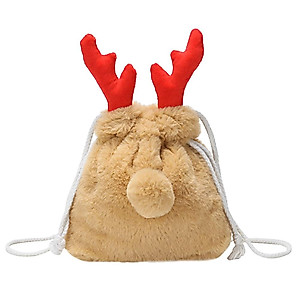 TENDYCOCO Crossbody Bag Faux Fur Purse Reindeer Antler Shoulder Bag Drawstring Bucket Purse for Women Girls