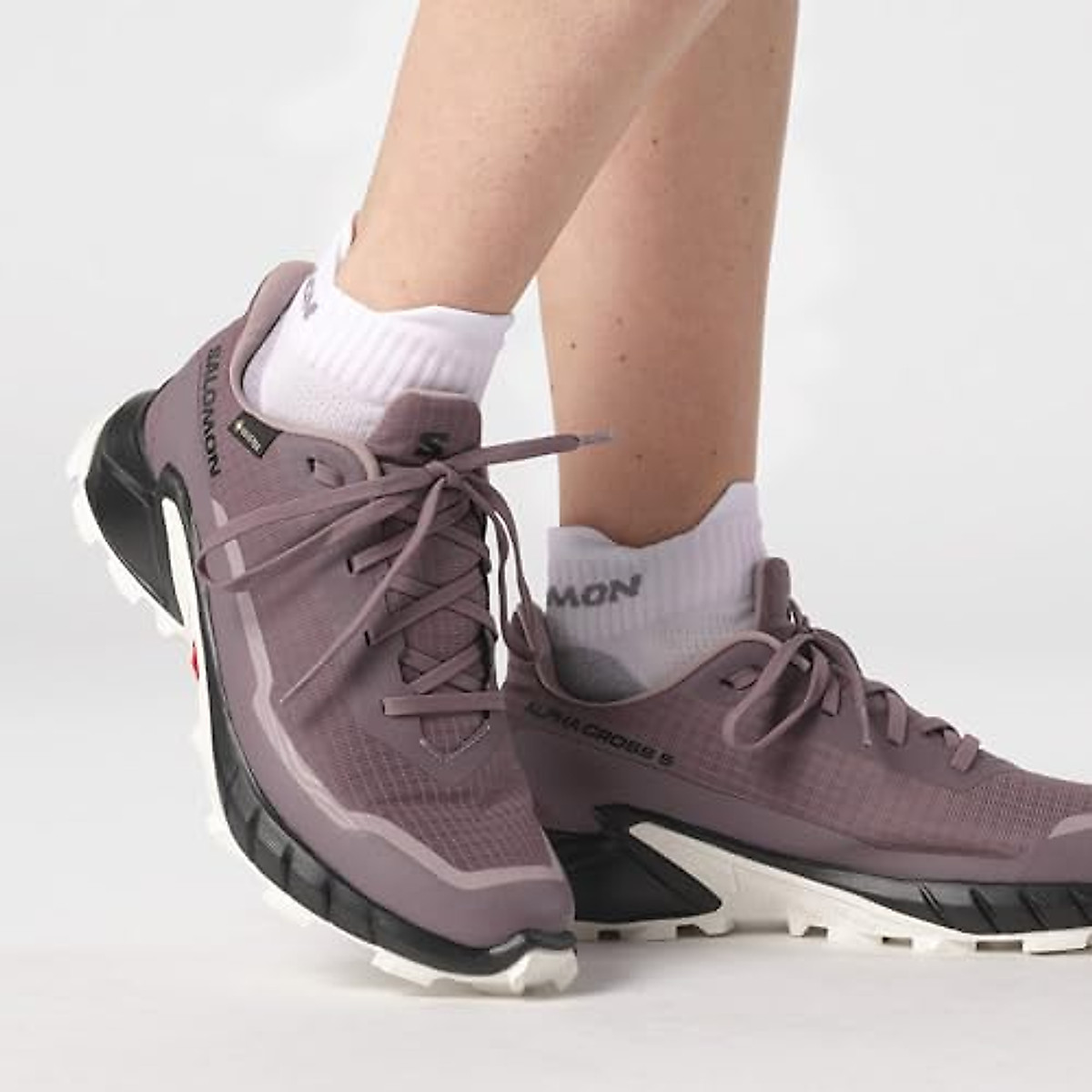 Salomon Women's ALPHACROSS 5 GORE-TEX Trail Running Shoes for Women, Moonscape / Black / White, 8