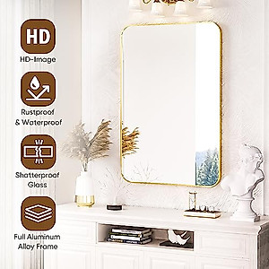 Antok Rounded Bathroom Mirror, 20" x 28" Rectangular Wall Mirror, Aluminum Alloy Frame Contemporary Hanging Mirror for Living Room Bedroom Bathroom Entryway, Gold