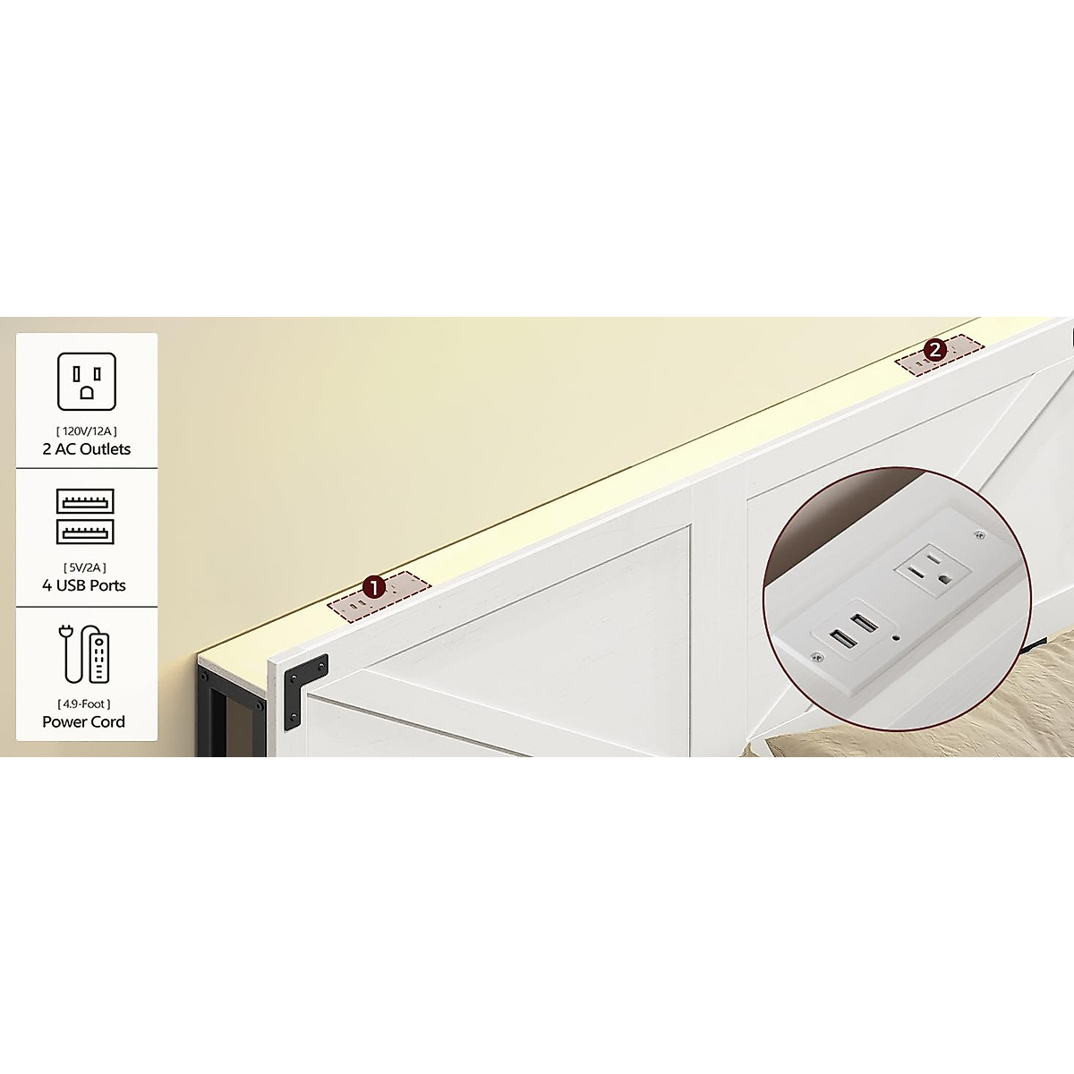 MAHANCRIS King Size Headboard Only, Headboard with 2 Outlets and 4 USB Ports, Farmhouse Headboard, with LED Lights, Secure Storage with Raised Fence, with Bed Frame Adapter, White and Black