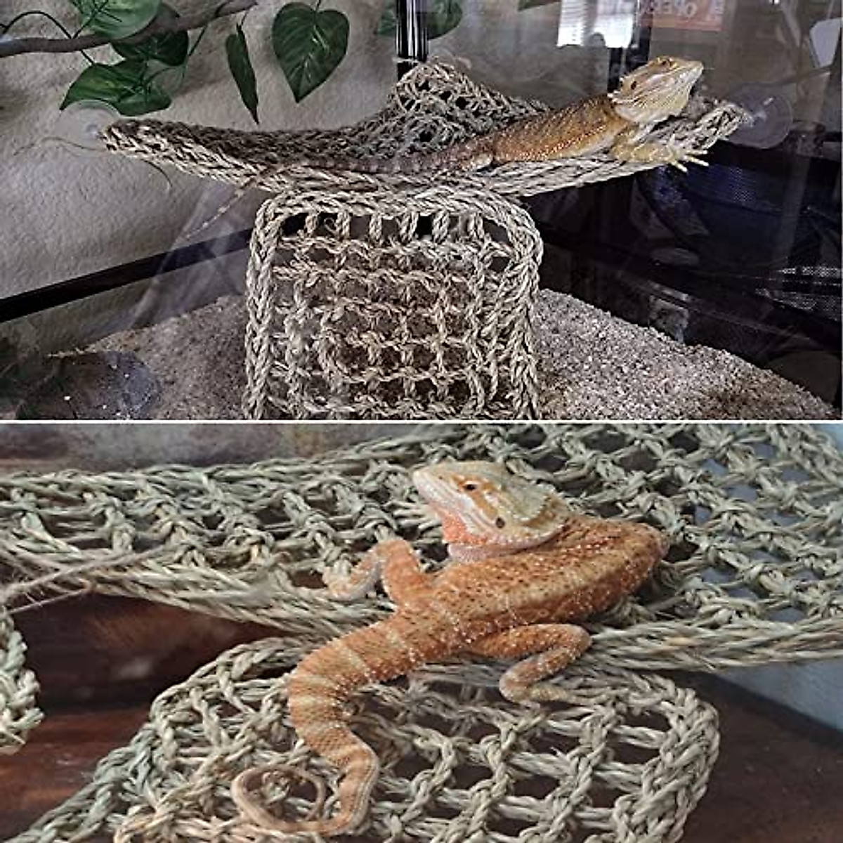 PINVNBY Bearded Dragon Hammock,Reptile Lizard Lounger Natural Seagrass Habitat Decoration Reptiles Tank Accessories Jungle Climber Vines Flexible Leaves Climbing Decor for Gecko Chameleon Snakes