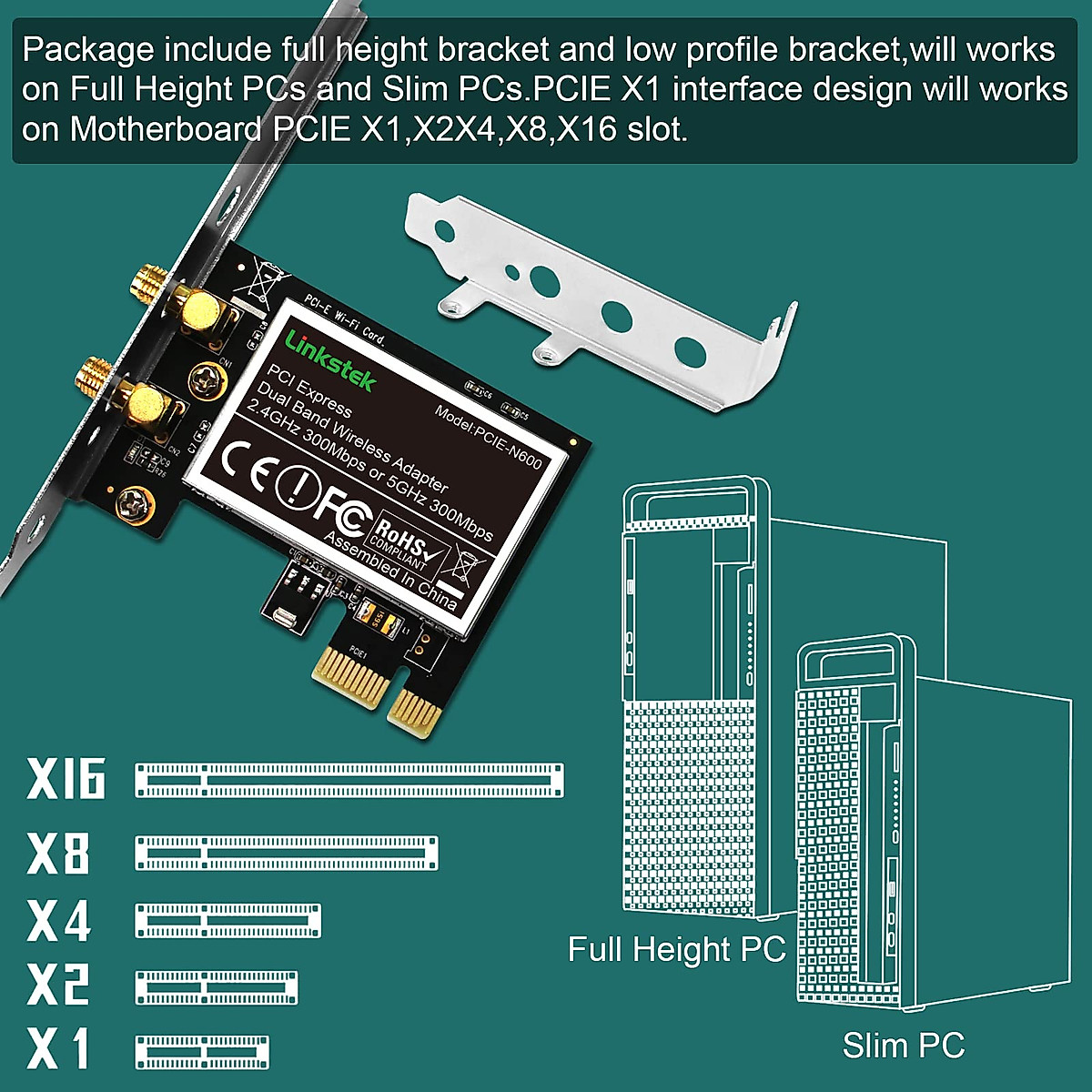 LinksTek Wireless N 600Mbps (2.4GHz 300Mbps and 5GHz 300Mbps) PCIE WiFi Adapter, PCIE WiFi Card, QUALCOMM Atheros AR946X Wireless Network Adapter for Windows 10 8.1 8 7 XP Desktop PCs (PCIE-N600)