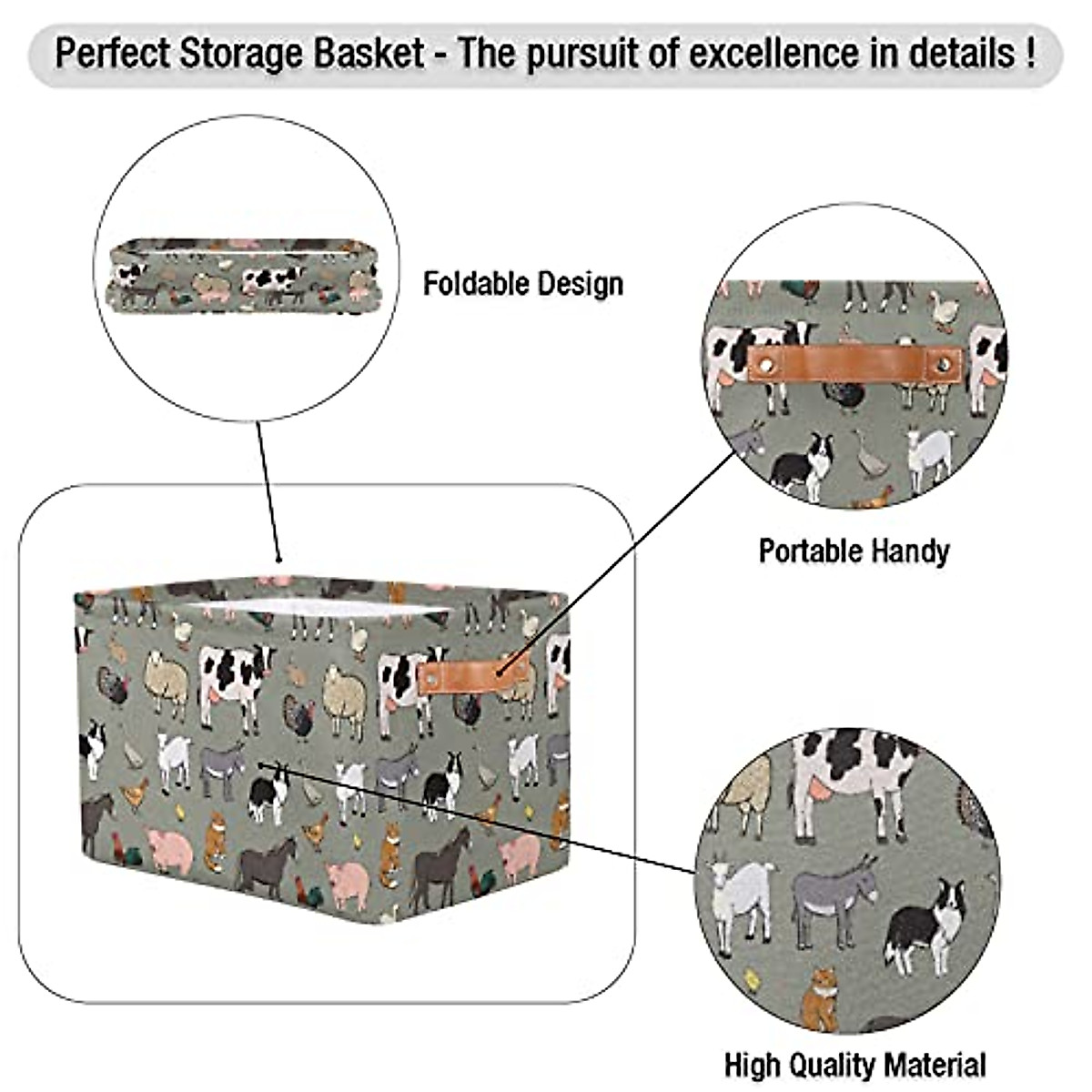 Farm Animal Storage Basket Bins, Cow Sheep Rooster Large Foldable Storage Baskets Fabric Organizer Storage Cubes Box with Handles Collapsible Basket for Shelf Closet Nursery Home Office 1 Pack