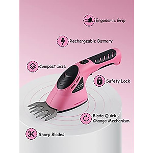 Lichamp 2-in-1 Electric Hand Held Grass Shear Pink Hedge Trimmer Shrubbery Clipper Cordless Battery Powered Rechargeable for Garden and Lawn, CGS3602PK Pink