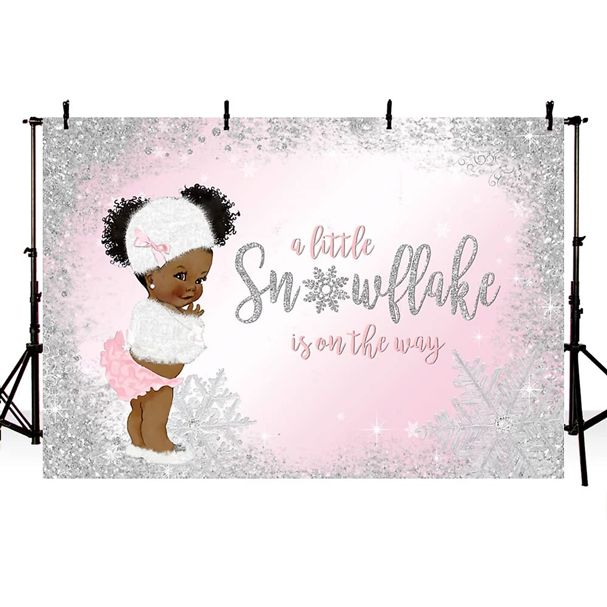 MEHOFOND Winter A Little Snowflake is On The Way Backdrop for Girls Baby Shower Pink Silver Glitter Snowflakes Baby Shower Party Decorations Photography Background Photo Shoot Banner Supplies 7x5ft