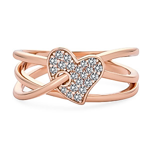 Romantic Pave CZ Accent Cubic Zirconia Crossover Intertwined Infinity& Heart Promise Ring For Women Rose Gold Plated .925 Sterling Silver