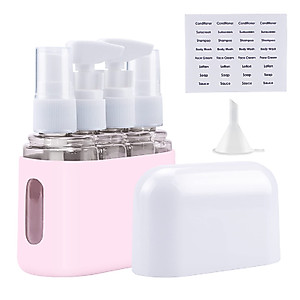 MAGORUI Travel Bottles Set for Toiletries, TSA Approved 4 in 1 Leak Proof Travel Container, Refillable Travel Accessories with Waterproof Label for Business, Personal Travel, Fun Outdoors, Pink