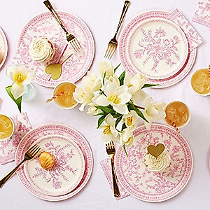 Coterie Pink Floral Paper Cocktail Napkins (Set of 25) | Beautiful Pink and White Toile Paper Napkins For Bridal and Baby Shower, Tea Party, Garden Party, Birthday Party | 5” Fancy Paper Napkins