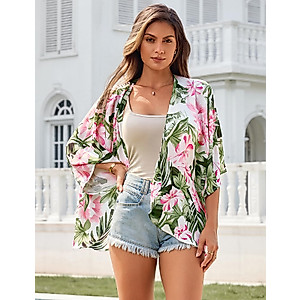 BB&KK Women's Floral Leaf Kimono Cover Ups Plus Size Hawaiian Shirts Tops Tropical Boho Outfits Chiffon Sheer Summer Cardigans Shawls Wraps White 3X-Large