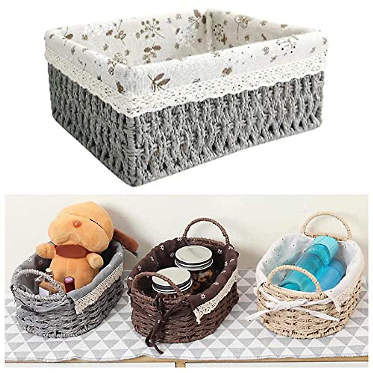 ＫＬＫＣＭＳ Multipurpose Rattan Storage Basket Decorative Baskets for Living Room Tabletop Bedroom, Medium Grey A