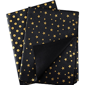 MR FIVE 60 Sheets Black and Gold Tissue Paper Bulk,20" x 14",Black Tissue Paper for Gift Bags,DIY and Crafts,Gold Star Gold Polka Dot Gift Tissue Paper for Graduation,Birthday,Holiday
