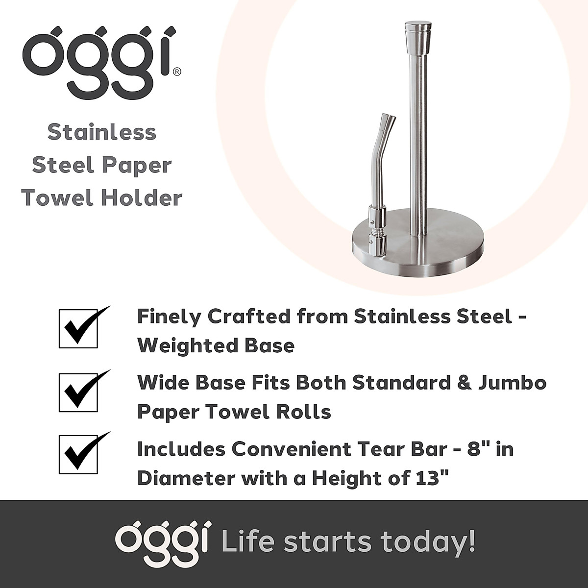 Oggi Stainless Steel Tension Arm Paper Towel Holder, Silver