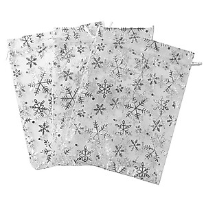 SUNGULF 50Pcs 8x12 Inches Sheer Organza Drawstring Pouches Christmas Jewelry Candy Wedding Favor Party Gift Bags (White Snowflake)