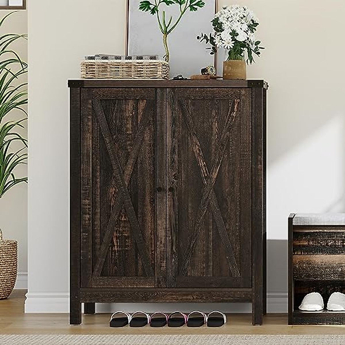 YITAHOME Shoe Cabinet with Doors, Farmhouse 5-Tier Shoe Storage Cabinet for Entryway, Large Capacity Wooden Shoes Rack Organizer for Entryway/Hallway/Closet, Dark Rustic Oak
