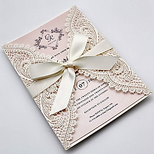 Picky Bride 25-Pack White Lace Laser Cut Wedding Invitations with Blush Pink Shimmer Insert, Elegant Invite Cards for Wedding/Sweet Sixteen/Baby Shower/Bridal Shower/Birthday Party