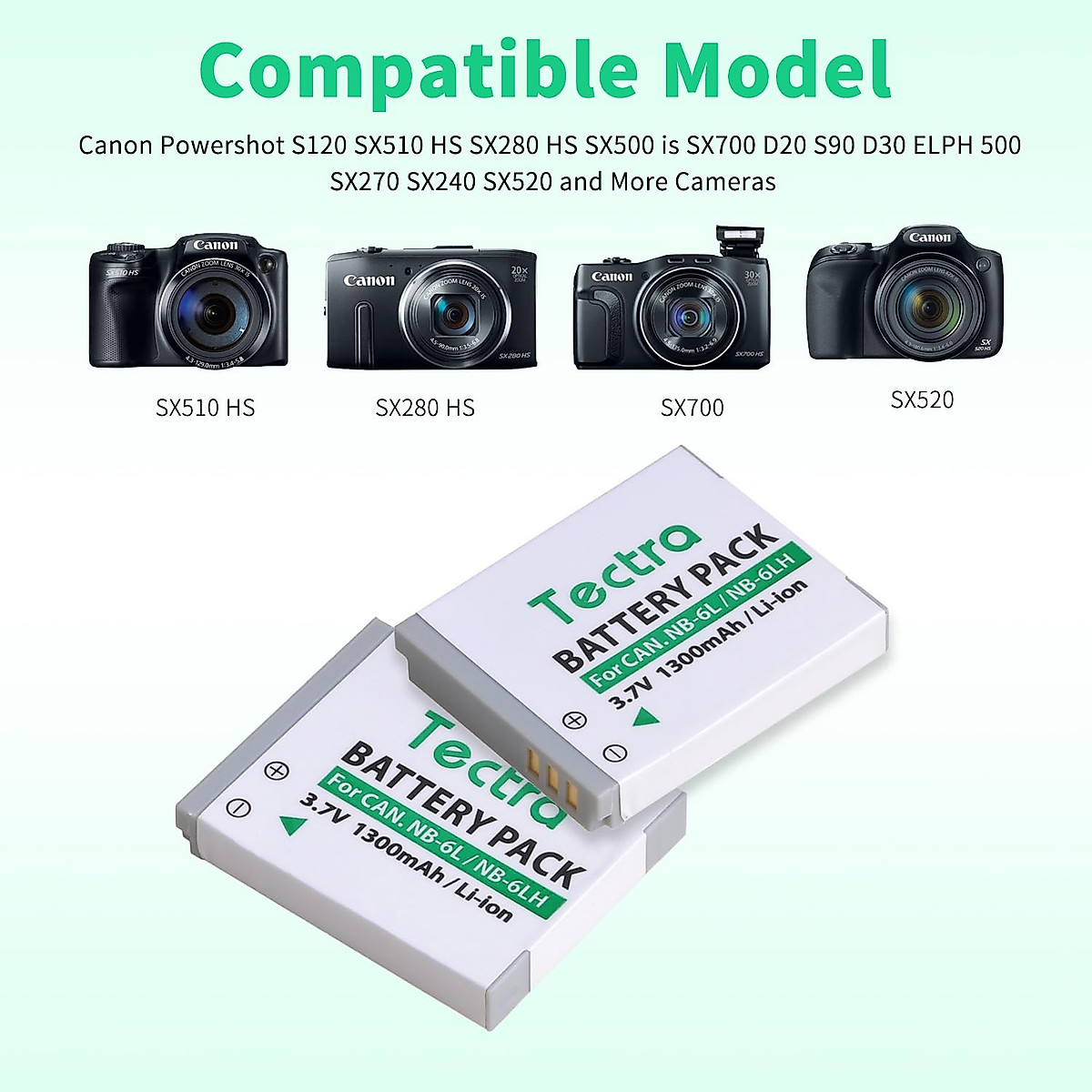 Tectra 2X NB-6L NB-6LH Battery + Charger Kit for Canon PowerShot SX530 HS, SX710 HS, SX700 HS, SX610 HS, SX600 HS, SX540 HS, SX510 HS, SX500 is, SX280 HS, SX270 HS, D30, S90