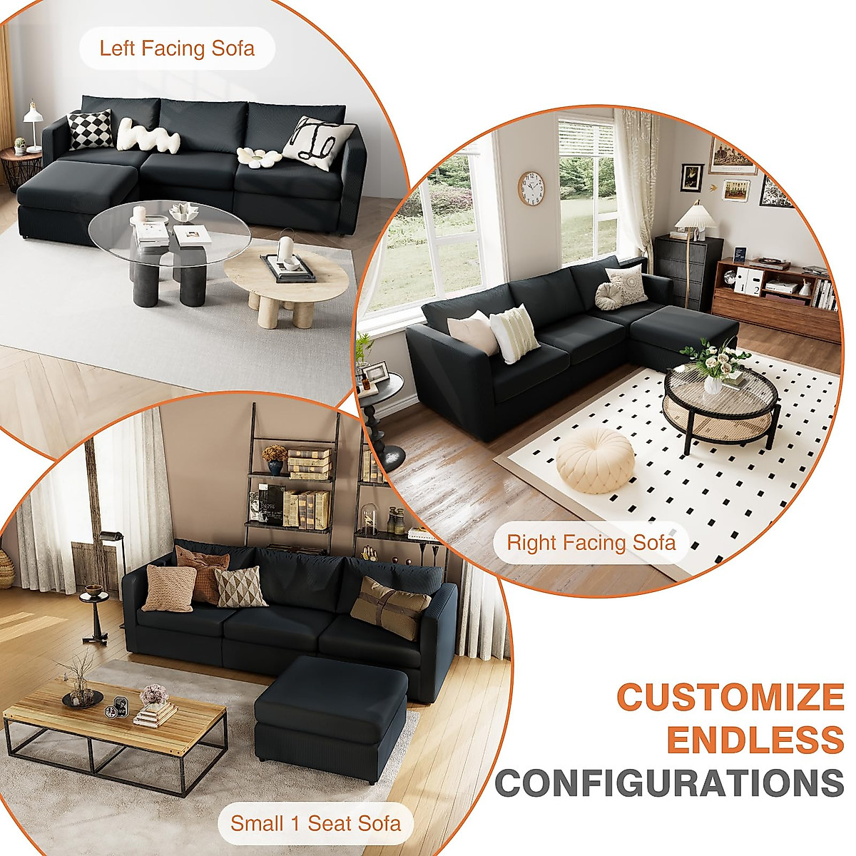 Sweetcrispy SF-1-M01-0227 Sectional Couches for Living Room, 4-Seat Sofa, Dark Grey