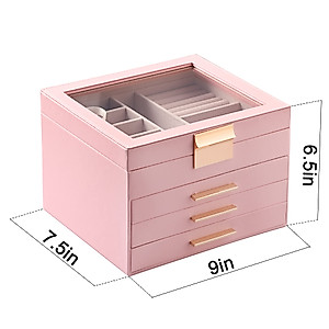 Frebeauty Clear Lid Jewelry Box,4 Layers Jewelry Organizer Large Multi-Functional Jewelry Storage Box with 3 Drawers,Jewelry Display Case of Rings Earrings Necklace Bracelets for Women Girls(Pink)